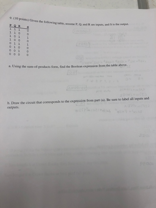Solved 9. (10 points) Given the following table, assume P. | Chegg.com