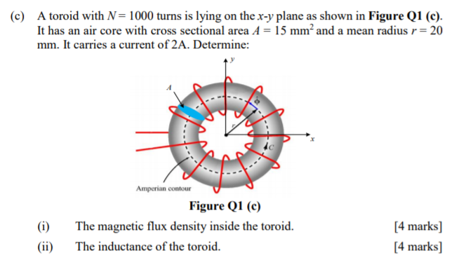 Solved (c) A toroid with N= 1000 turns is lying on the x-y | Chegg.com