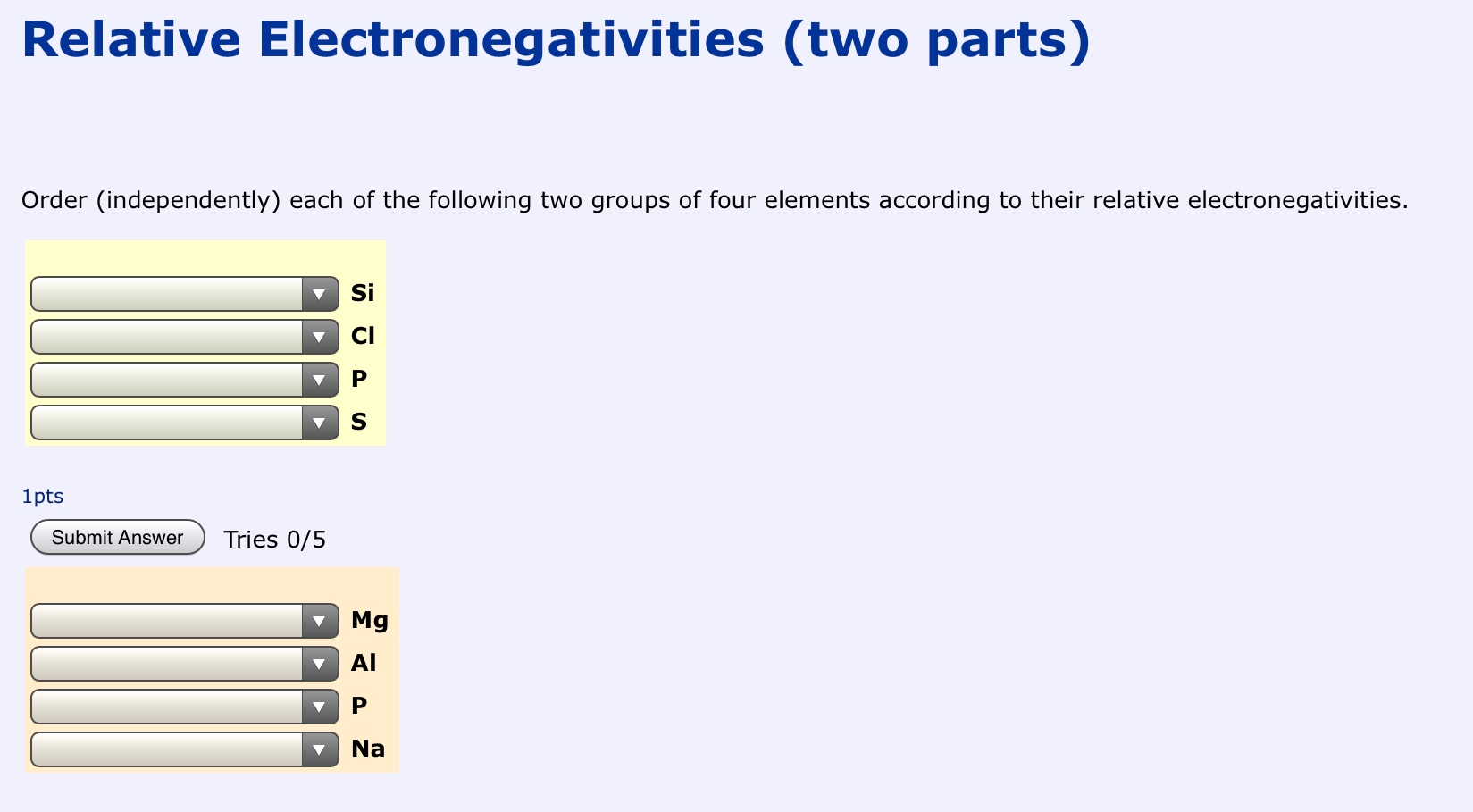 Solved Relative Electronegativities (two parts) Order | Chegg.com