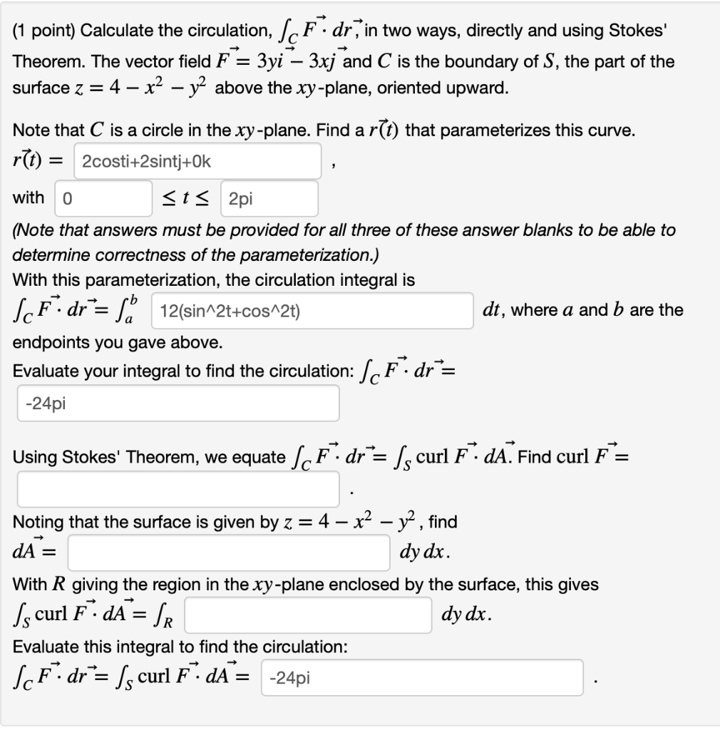 Solved (1 point) Calculate the circulation, ( F. dr, in two | Chegg.com