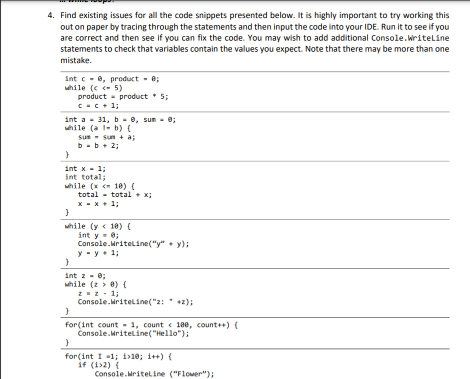 Solved 4. Find existing issues for all the code snippets | Chegg.com