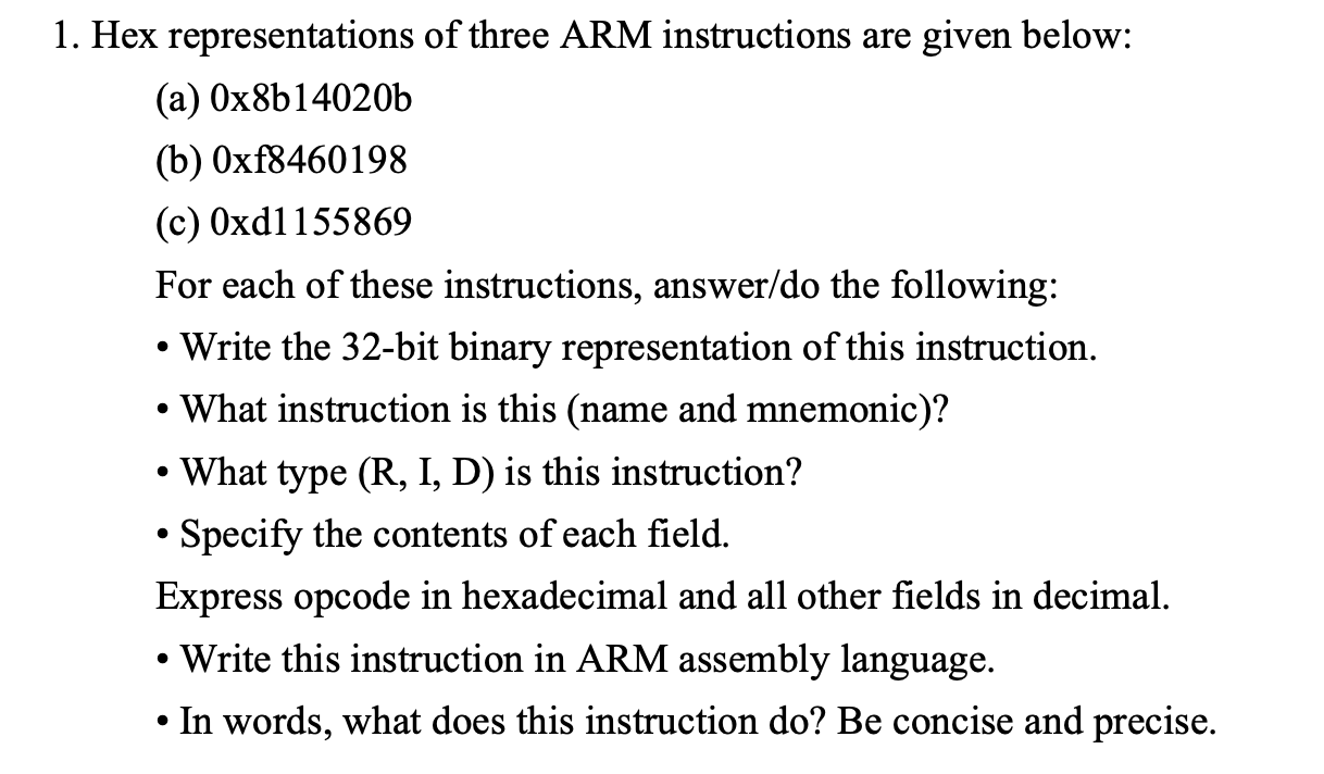Solved 1. Hex representations of three ARM instructions are | Chegg.com