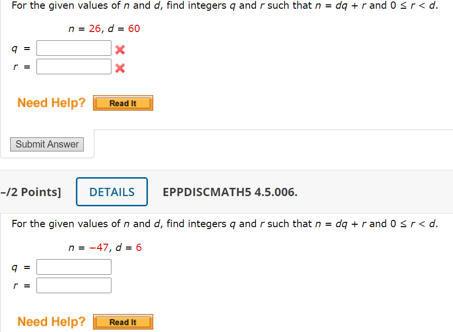 Solved For the given values of n and d, find integers q and | Chegg.com