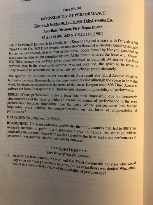 Solved Case No. 90 IMPOSSIBILITY OF PERFORMANCE Appellate | Chegg.com