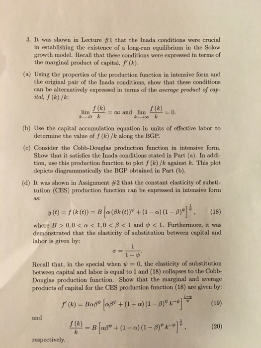 3. It was shown in Lecture #1 that the Inada | Chegg.com