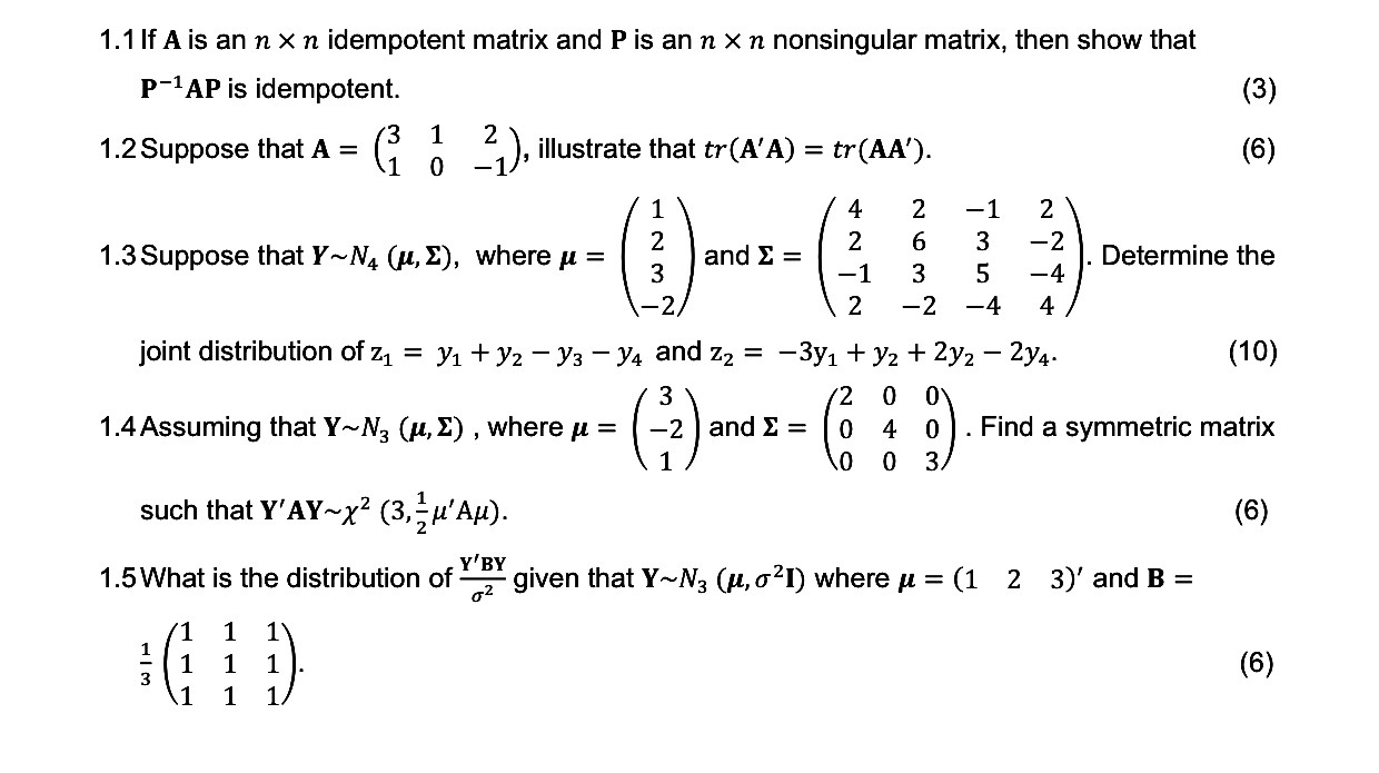 1.1 If A is an n×n ﻿idempotent matrix and P is an n×n | Chegg.com