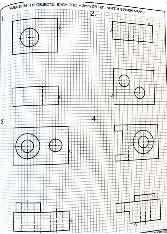 Solved DIMENSION THE OBJECTS. EACH GRID = 3mm OR 1/8". NOTE | Chegg.com