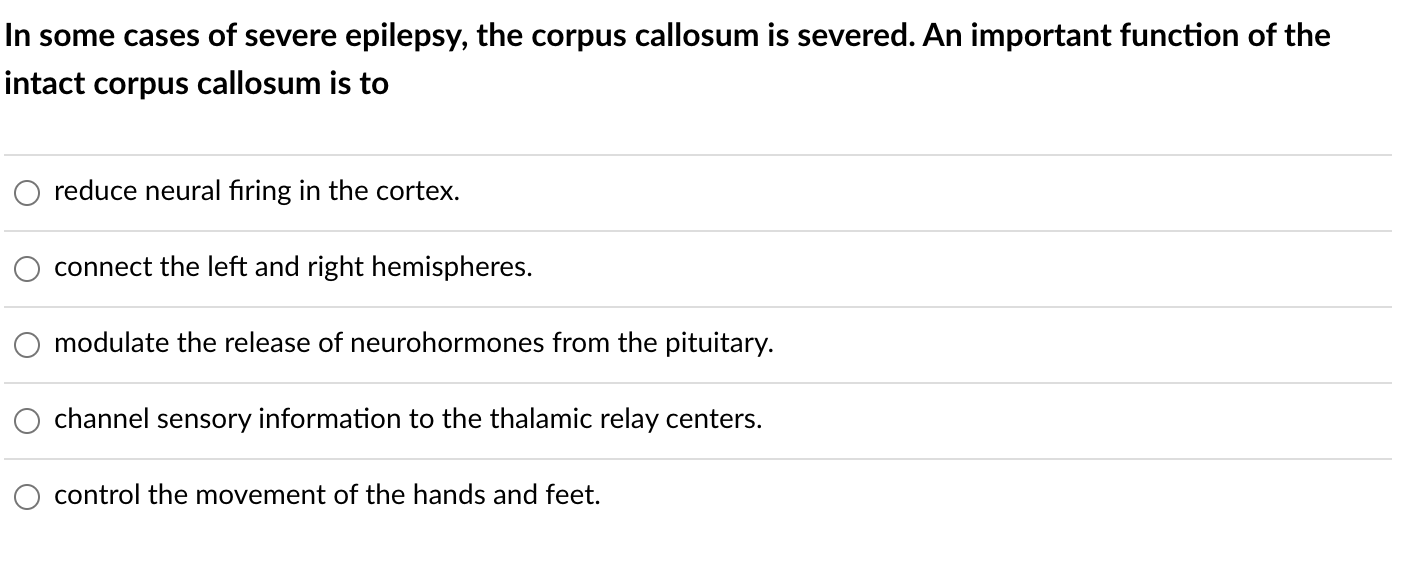 Solved In some cases of severe epilepsy, the corpus callosum | Chegg.com