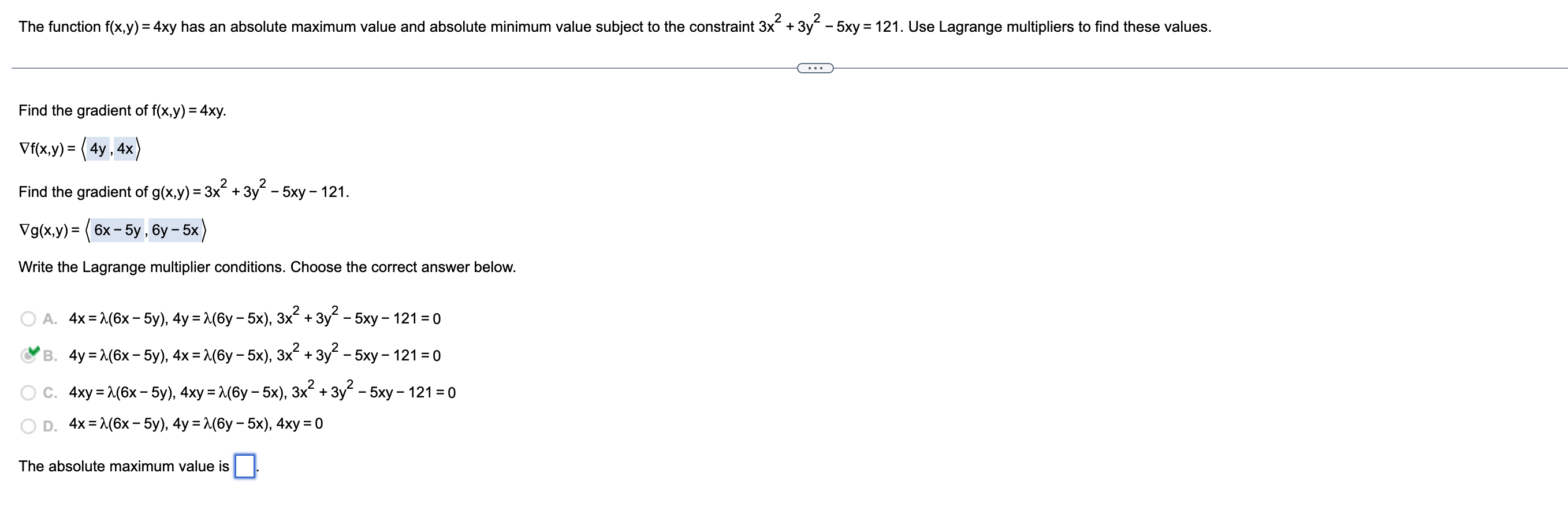 Solved The function f(x,y) = 4xy has an absolute maximum | Chegg.com