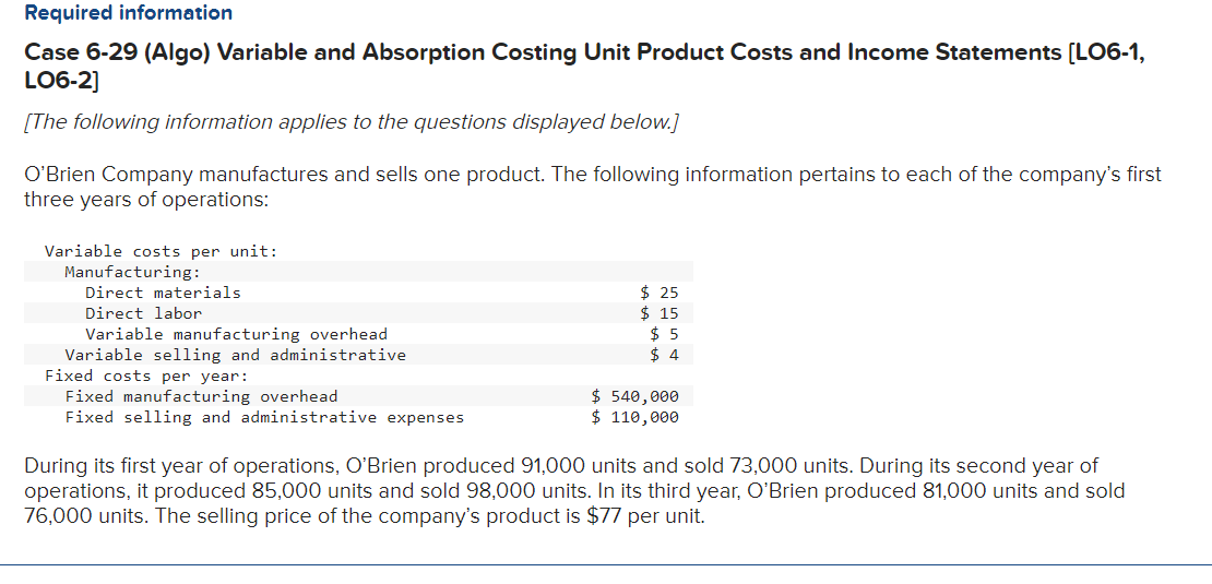 Solved Case 6-29 (Algo) Variable and Absorption Costing Unit | Chegg.com