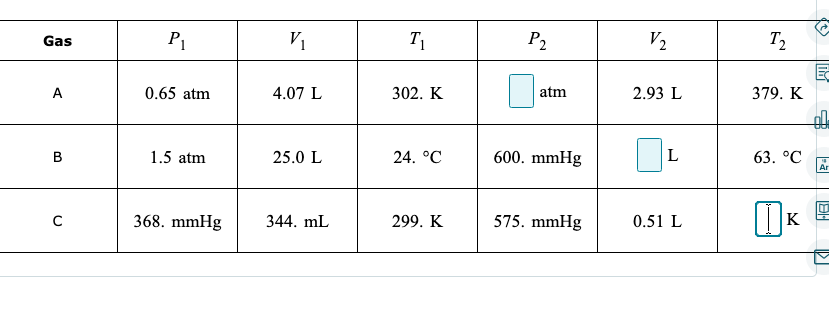 Solved \begin{tabular}{c|c|c|c|c|c|c|} \hline Gas & P1 & V1 | Chegg.com