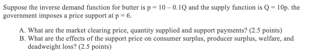 Solved Suppose the inverse demand function for butter is p = | Chegg.com