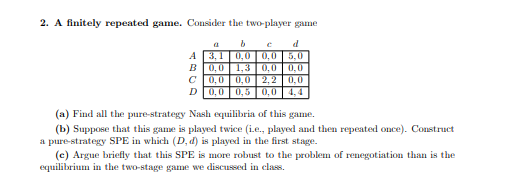 2. A finitely repeated game. Consider the two-player | Chegg.com