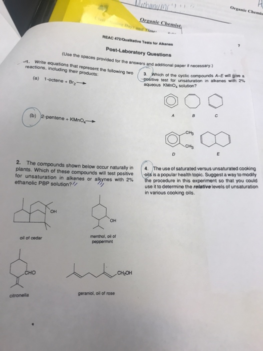 Solved Organic Chemis REAC 472/Qualitative Tests for Alkenes | Chegg.com