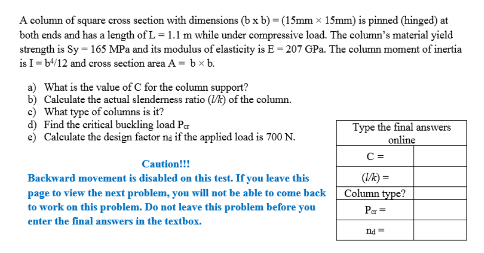 Solved A column of square cross section with dimensions (b x | Chegg.com