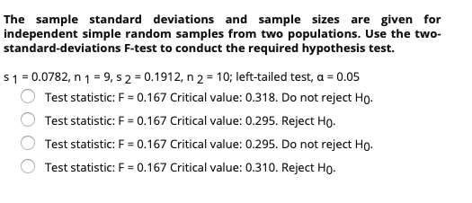 Solved The sample standard deviations and sample sizes are | Chegg.com