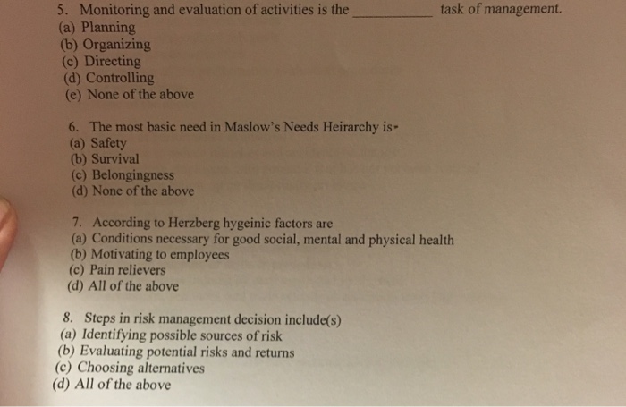 Solved task of management. 5. Monitoring and evaluation of | Chegg.com