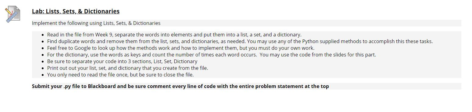Solved Lab: Lists, Sets, & Dictionaries Implement the | Chegg.com