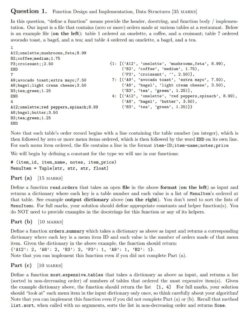 Solved Question 1. Function Design and Implementation, Data | Chegg.com