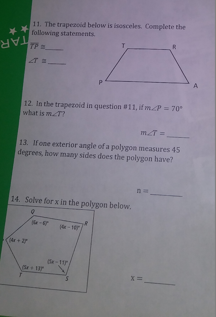 Solved 11. The trapezoid below is isosceles. Complete the | Chegg.com