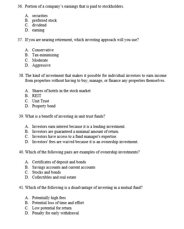 Solved 36. Portion of a company's earnings that is paid to | Chegg.com
