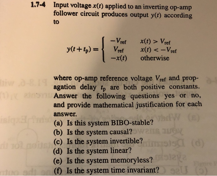 Solved 1.7-4 Input voltage x(t) applied to an inverting | Chegg.com