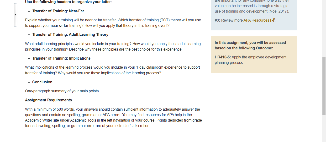 Unit 5 Assignment: Transfer of Training APA Hints In | Chegg.com