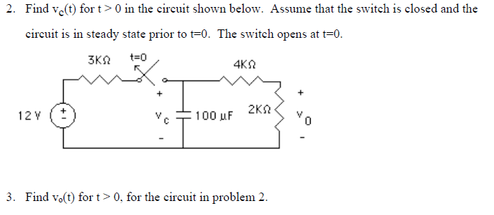 Solved 2. Find vc(t) for t>0 in the circuit shown below. | Chegg.com