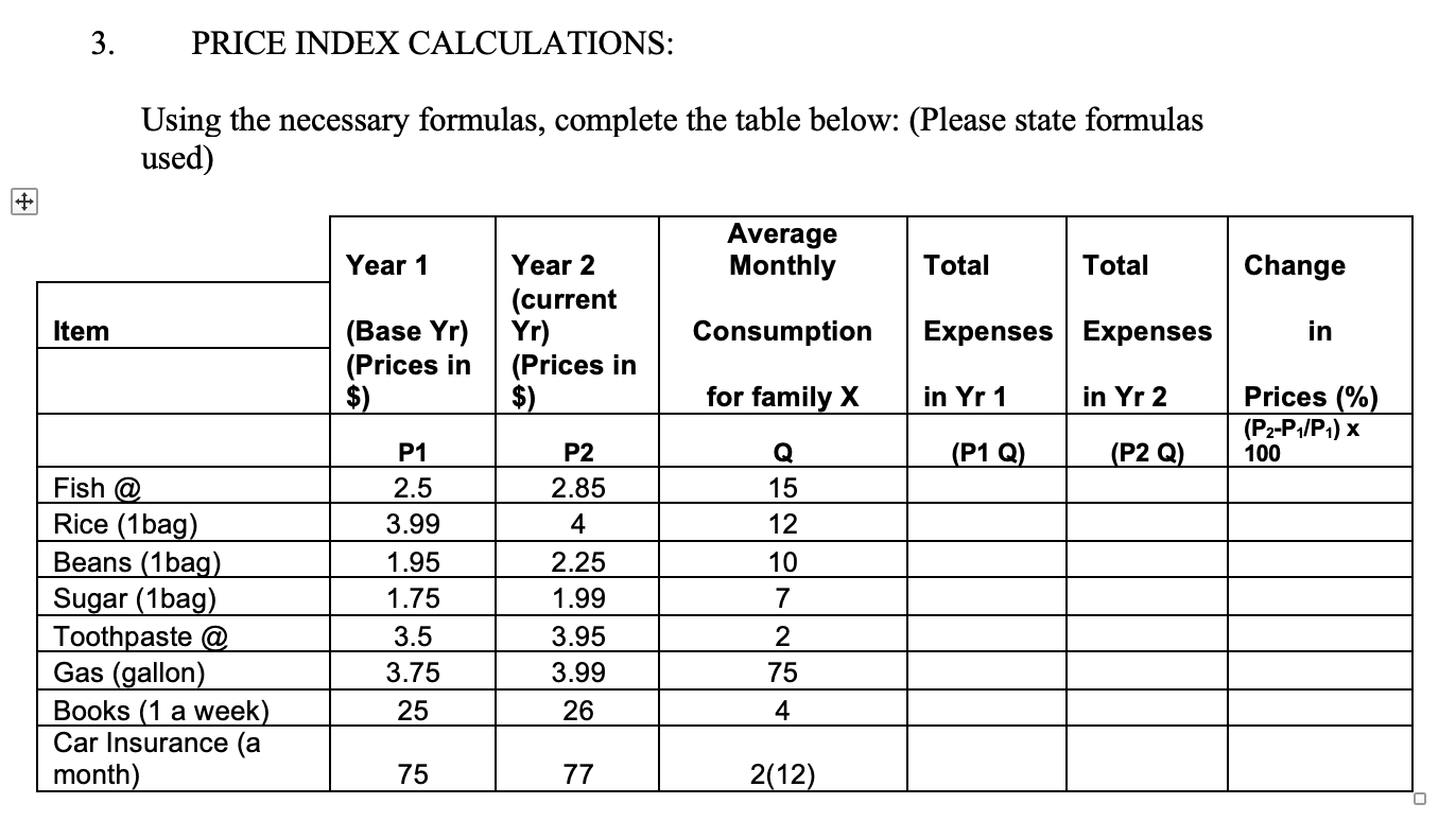 Solved 3. PRICE INDEX CALCULATIONS: Using the necessary | Chegg.com
