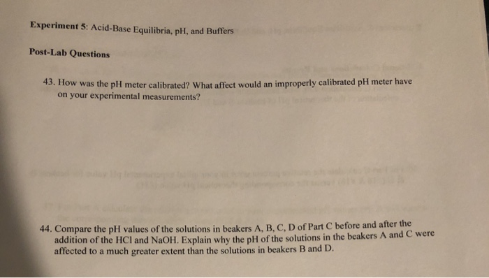 Solved Experiment 5: Acid-Base Equilibria, pH, and Buffers | Chegg.com