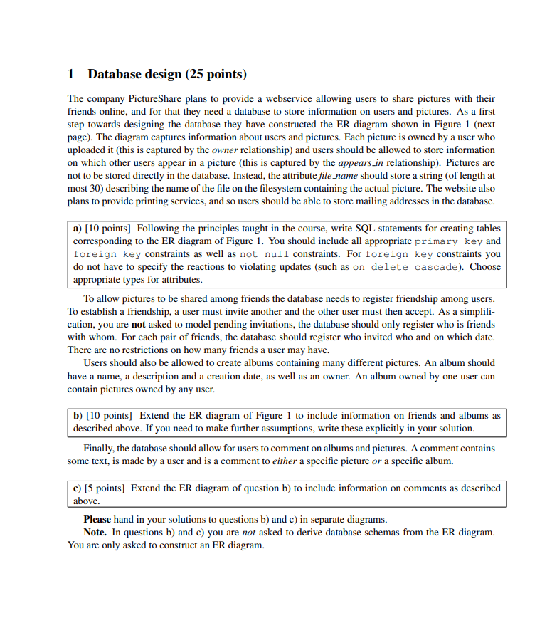 Database design (25 points) The company PictureShare | Chegg.com