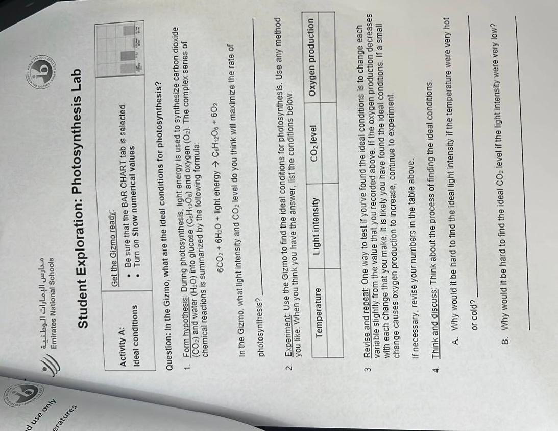 Grade 7 Photosynthesis Formative Criteria C \& B Open | Chegg.com