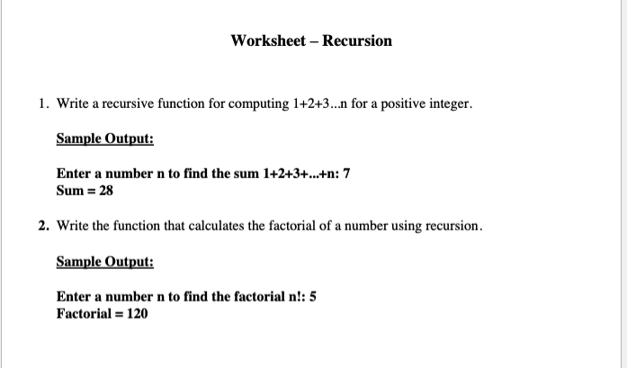 Solved Worksheet Recursion 1 Write A Recursive Function 
