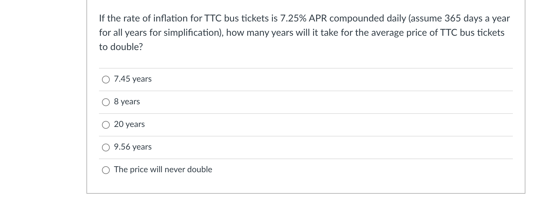 Solved If the rate of inflation for TTC bus tickets is 7.25% | Chegg.com