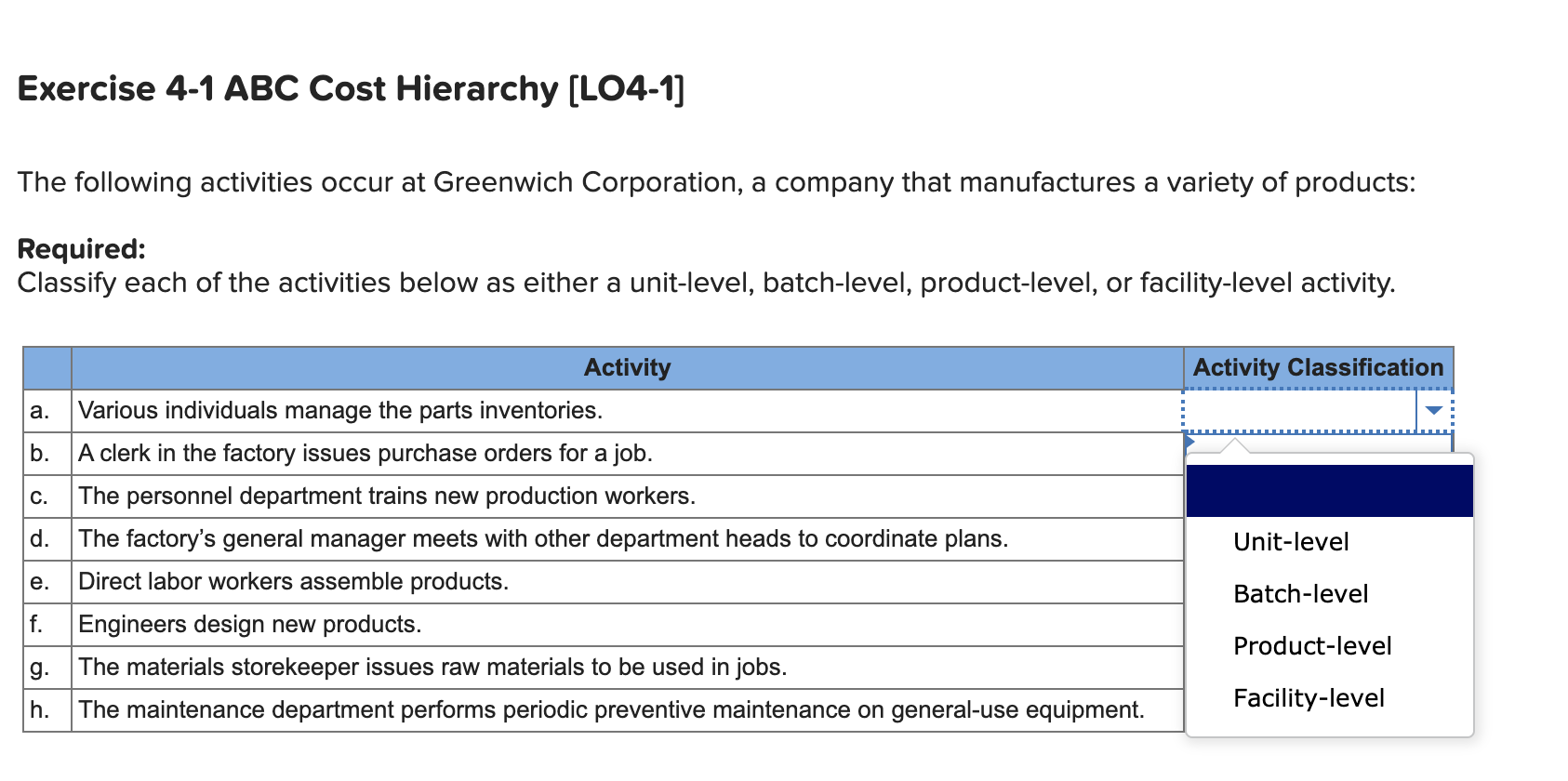 Solved Exercise 4 1 ABC Cost Hierarchy L04 1 The Following Chegg