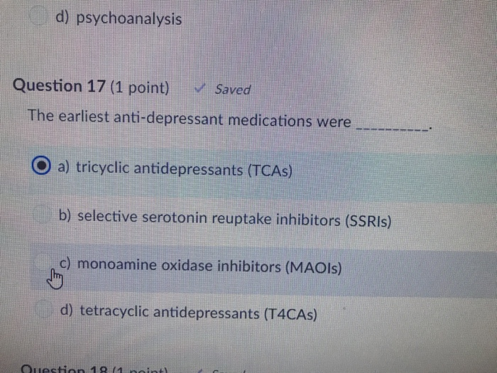 Solved d) psychoanalysis Question 17 (1 point) Saved The | Chegg.com