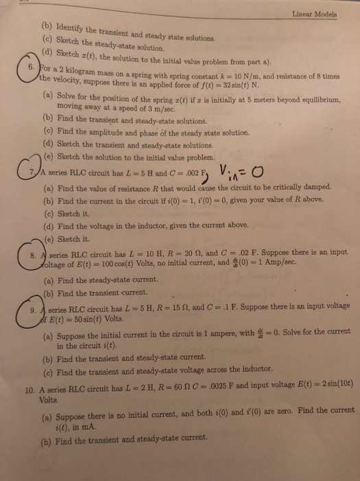 Solved Linear Models B Identify The Transient And Steady