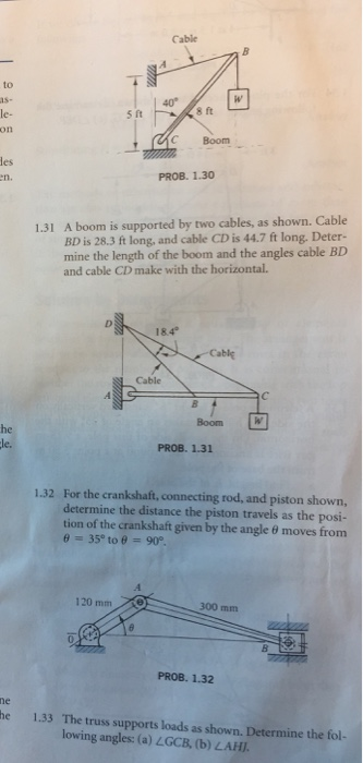 Solved Cable to le- 5 ft 8 ft C Boom les en. PROB. 1.30 A | Chegg.com