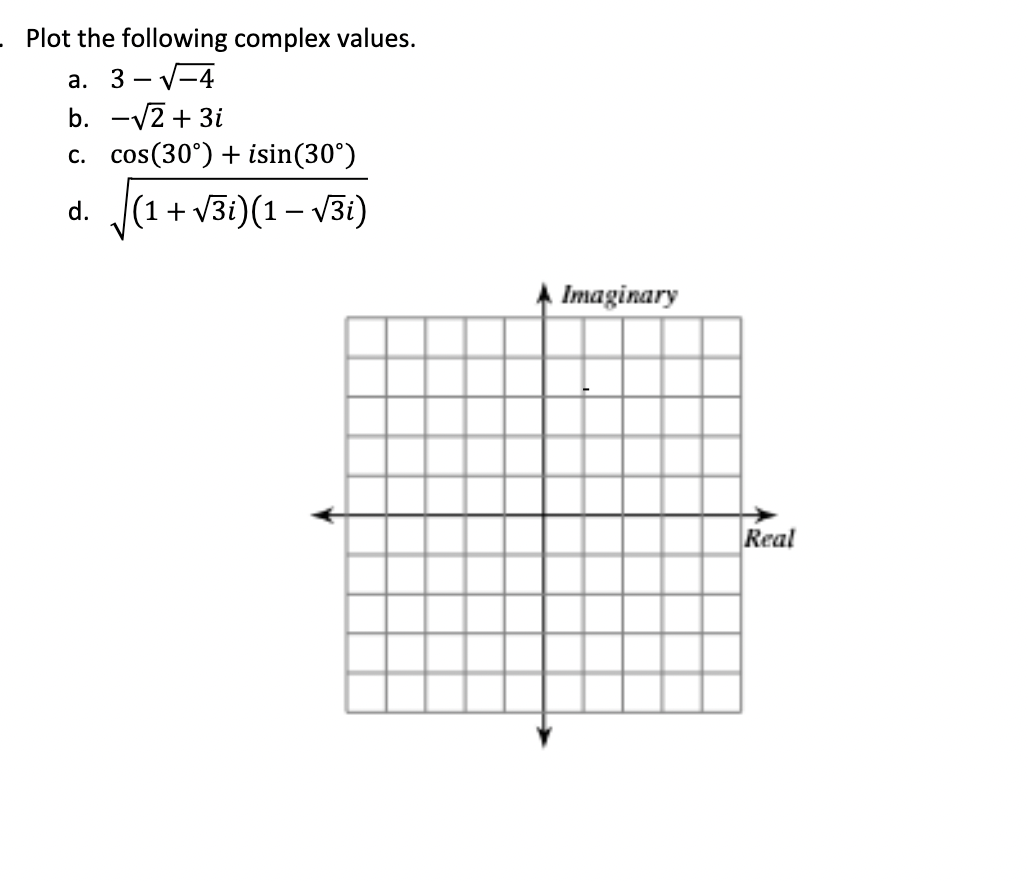 Solved Plot the following complex values. a. 3-√-4 b. -√2 + | Chegg.com