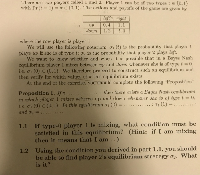 Solved There are two players called 1 and 2. Player 1 can be | Chegg.com