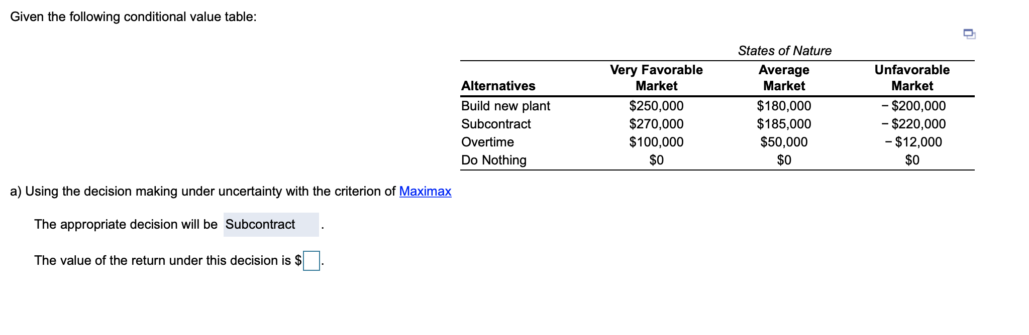 Solved Given the following conditional value table: | Chegg.com