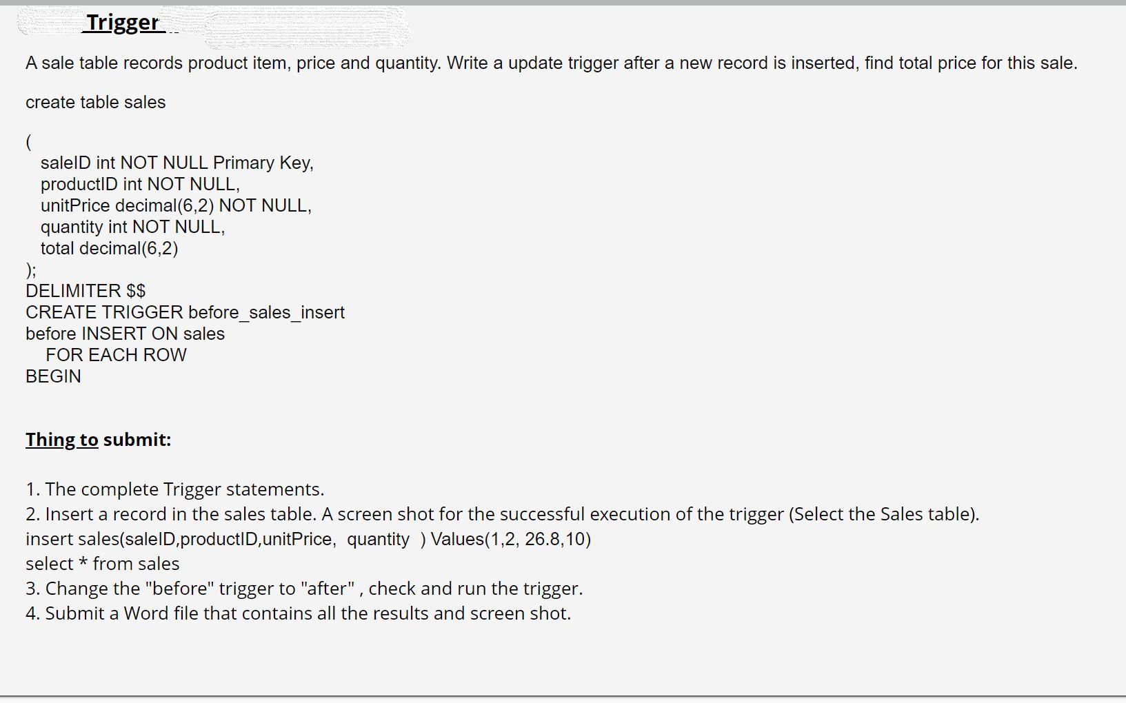Solved Trigger. A sale table records product item, price and | Chegg.com