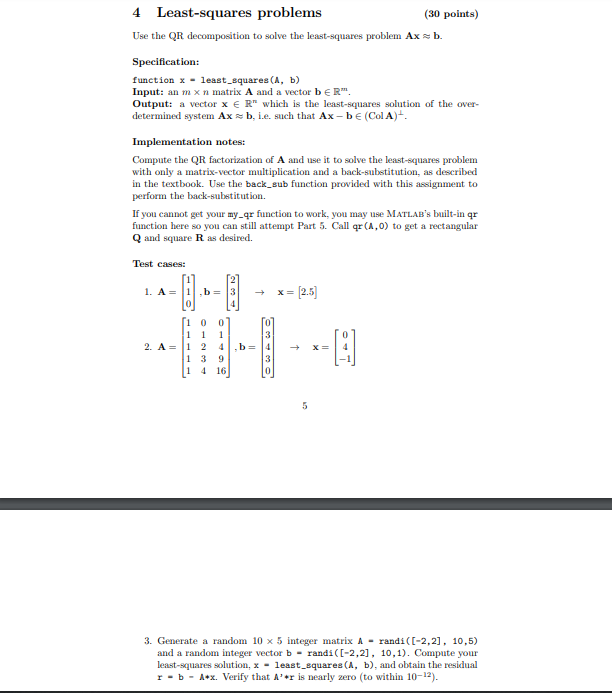 Solved 4 Least-squares problems (30 points) Use the QR | Chegg.com