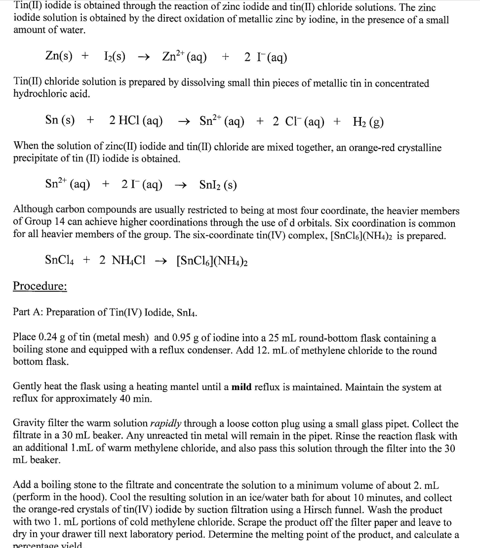 Solved 1 A) Tin(II)iodide mass experimental Final mass 5.0 | Chegg.com