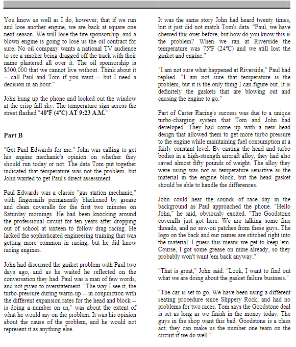 Solved Please read the Carter Racing parts A&B case below | Chegg.com