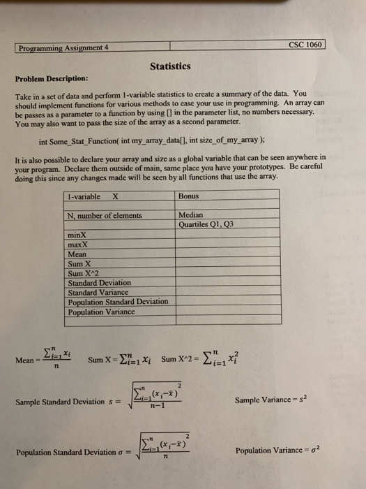 Solved CSC 1060 Programming Assignment 4 Statistics Problem | Chegg.com