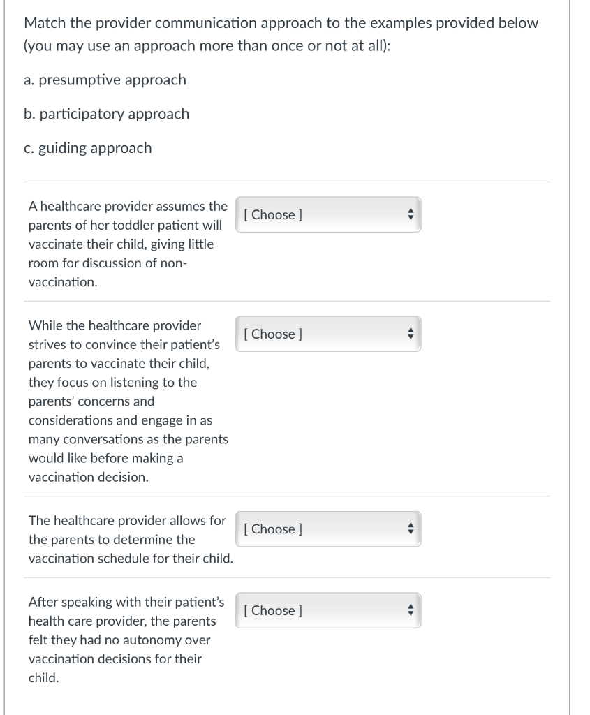 Solved Match the provider communication approach to the | Chegg.com