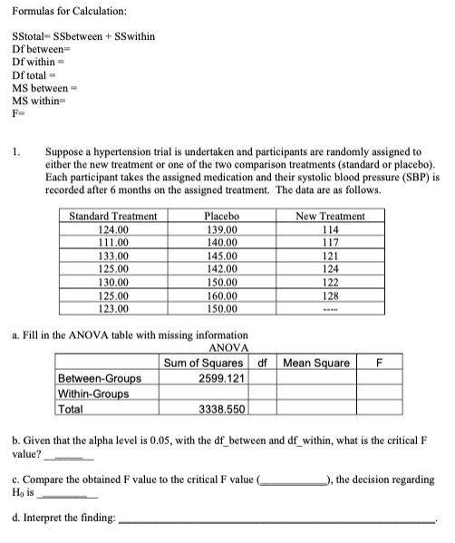 Solved Formulas for Calculation: SStotalSsbetween + SSwithin | Chegg.com