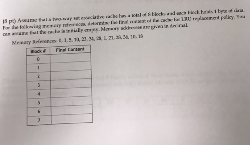 Solved (8 pt) Assume that a two-way set associative cache | Chegg.com