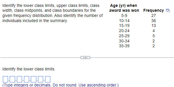 Solved Identify the lower class limits, upper class limits, | Chegg.com